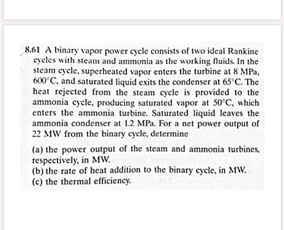 SOLVED: 8.61 A binary vapor power cycle consists of two ideal Rankine cycles with steam and ...