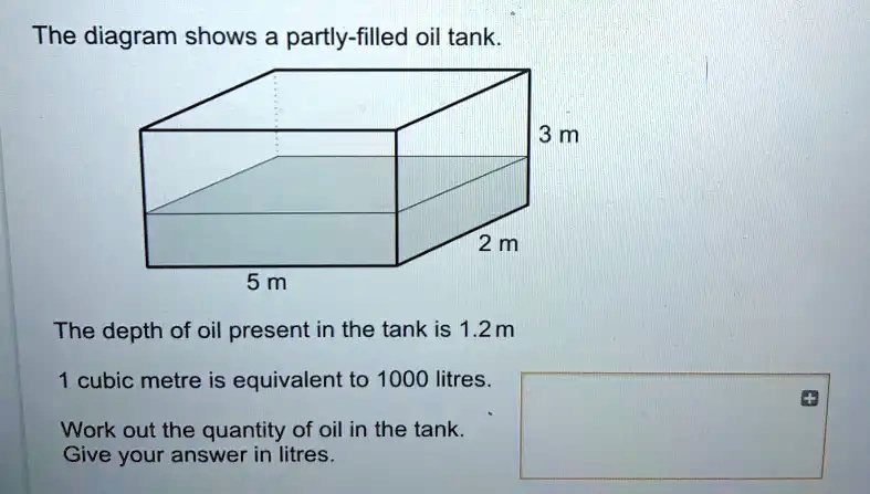 SOLVED: The diagram shows a partly-filled oil tank. 3 m 2 m 5 m The depth of oil present in the ...