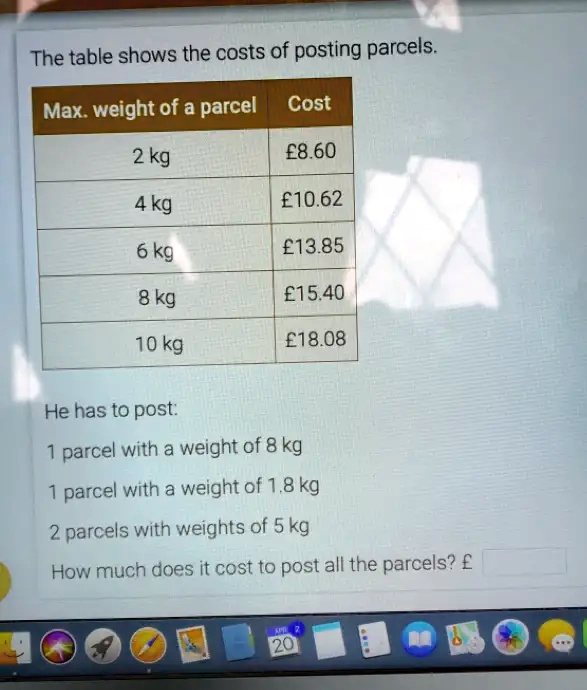 The table shows the costs of posting parcels. Max. weight of a parcel ...