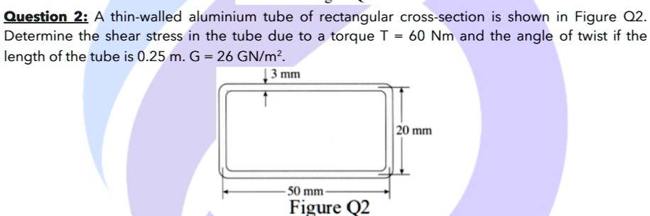 SOLVED: Question 2: A thin-walled aluminum tube of rectangular cross-section is shown in Figure ...