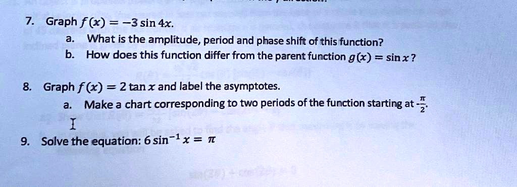 SOLVED:Graph f (x) = -3 sin 4x. What is the amplitude, period and phase shift of this function ...