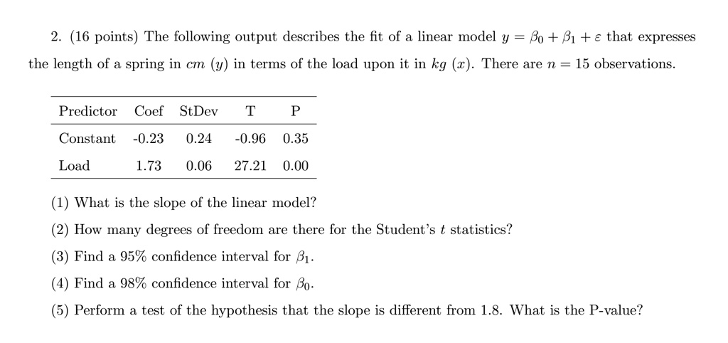 SOLVED: (16 points) The following output describes the fit of a linear ...