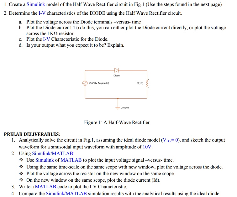 1. Create a Simulink model of the Half Wave Rectifier circuit in Fig.1 (Use the steps found in ...