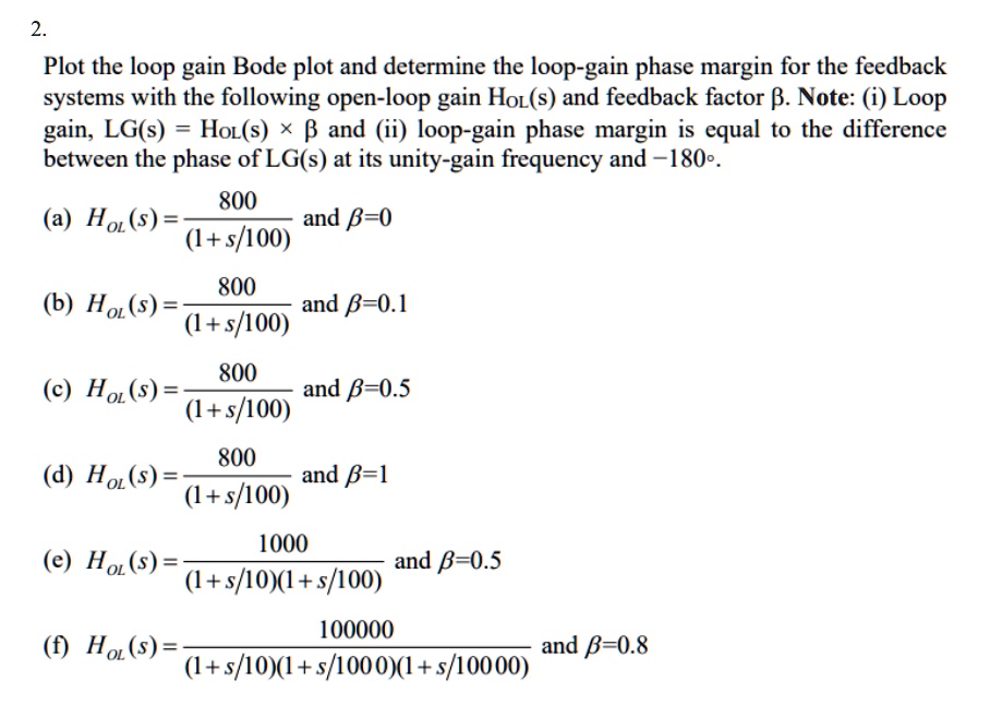 2. Plot the loop gain Bode plot and determine the loop-gain phase margin for the feedback ...