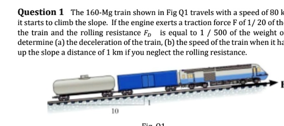 Question 1 The 160-Mg train shown in Fig Q1 travels with a speed of 80 ...