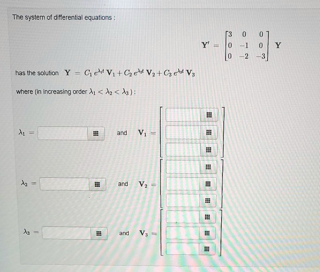 SOLVED: The system of differential equations -1 -2 has the solution Y C1 e^t V1 + C2 e^t V2 + C3 ...