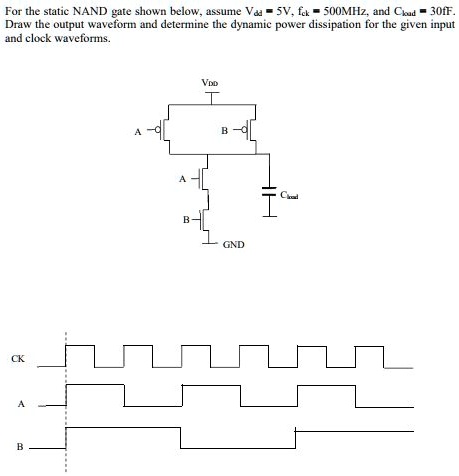 For the static NAND gate shown below, assume Vaa = 5V, fck = 500MHz, and Cload = 30fF. Draw the ...