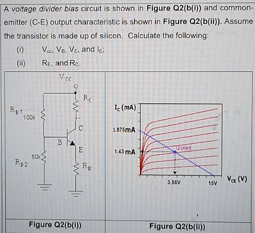 A voltage divider bias circuit is shown in Figure Q2(b)(i) and the common emitter (C-E) output ...