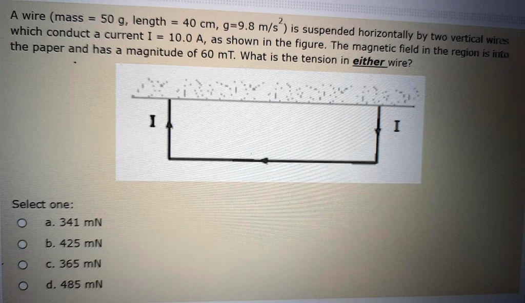 SOLVED: A wire (mass 50 9, length 40 cm, which conduct a current I g-9. ...