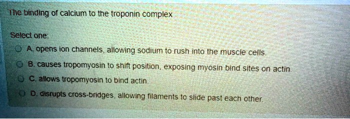 SOLVED: The binding of calcium to the troponin complex select one: opens ion channels, allowing ...