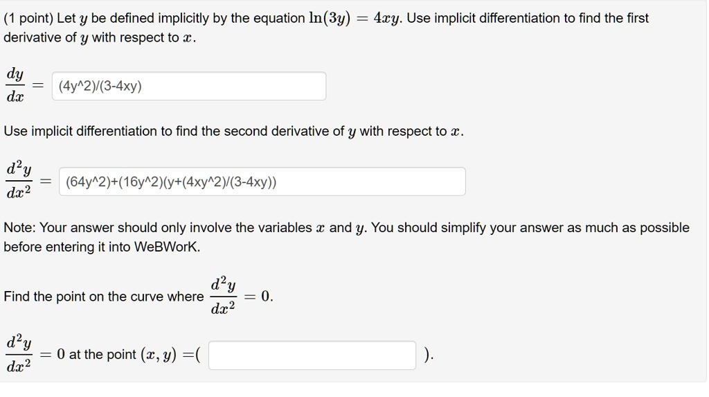SOLVED: Let y be defined implicitly by the equation ln(3y) = 4xy. Use implicit differentiation ...