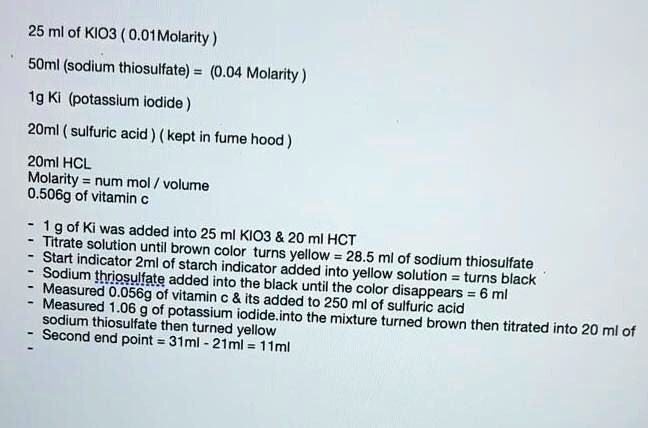 SOLVED:25 ml of KIO3 (0.01 Molarity ) SOml (sodium thiosulfate) (0.04 ...