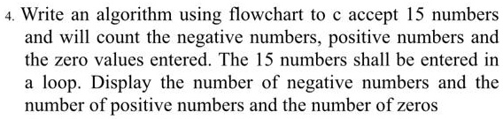 Write an algorithm using a flowchart to accept 15 numbers and count the ...