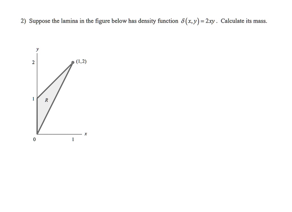 2) Suppose the lamina in the figure below has density function δ(x, y) = 2xy. Calculate its mass.