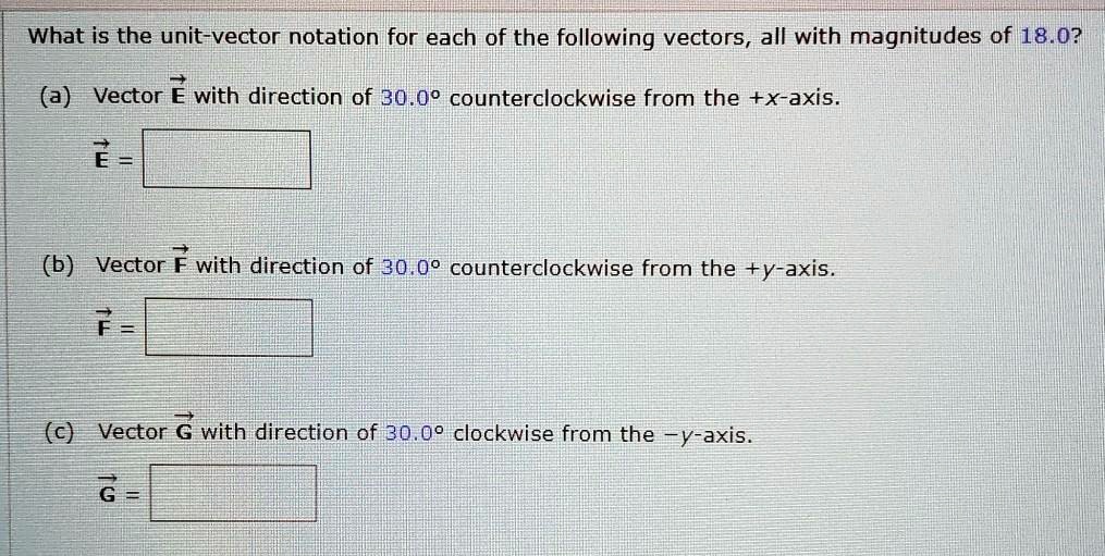 SOLVED: What is the unit-vector notation for each of the following vectors, all with magnitudes ...