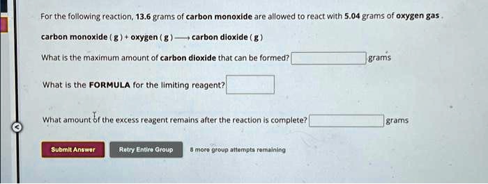 SOLVED: For the following reaction, 13.6 grams of carbon monoxide are allowed to react with 5.04 ...