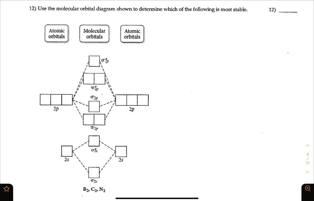 12) Use the molecular orbital diagram shown to determine which of the ...