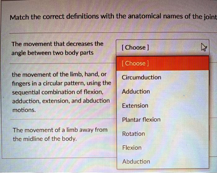 Match the correct definitions with the anatomical names of the joint ...
