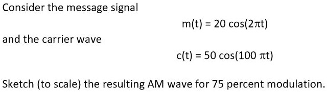 Consider the message signal m(t) = 20 cos(2πt) and the carrier wave c(t) = 50 cos(100 πt) Sketch ...