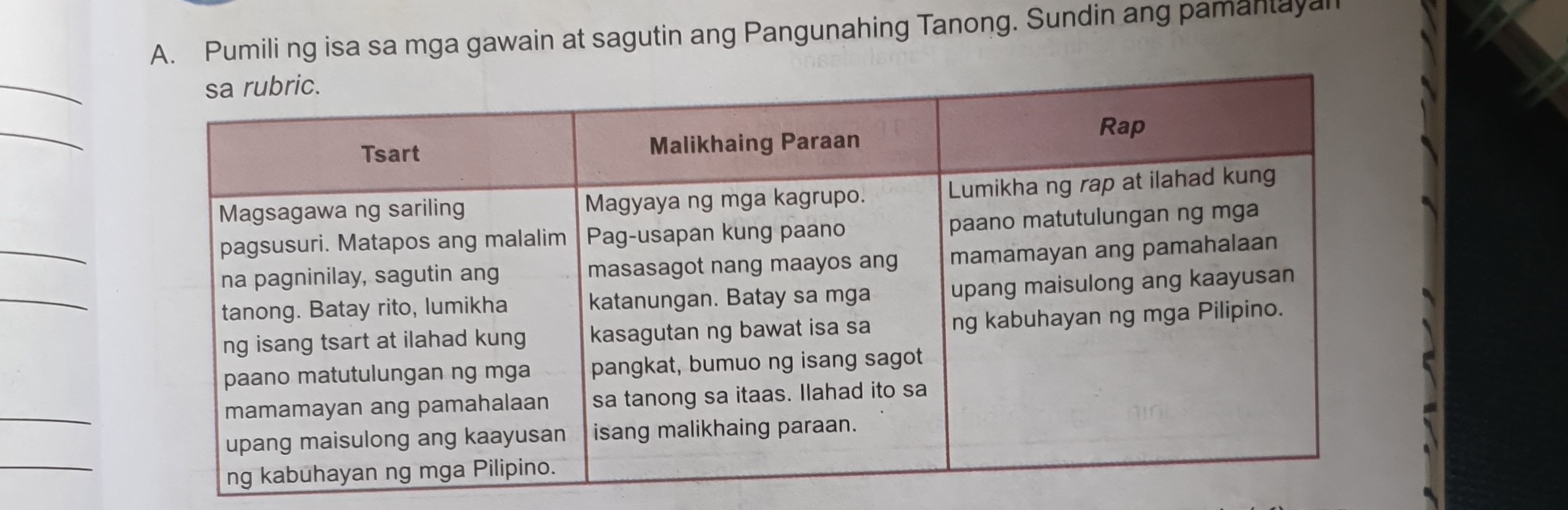 SOLVED: A. Pumiling isa sa mga gawain at sagutin ang Pangunahing Tanong. Sundin ang pamantayai ...