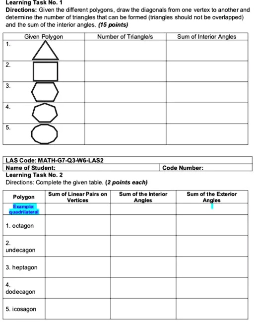 SOLVED: Text: Learning Task No Directions: Given the different polygons, draw the diagonals from ...
