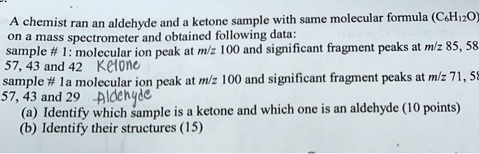 SOLVED: A chemist ran an aldehyde and a ketone sample with same molecular formula (CoHn2O) on ...