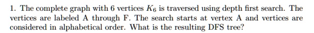 the complete graph with 6 vertices k6 is traversed using depth first search the vertices are ...