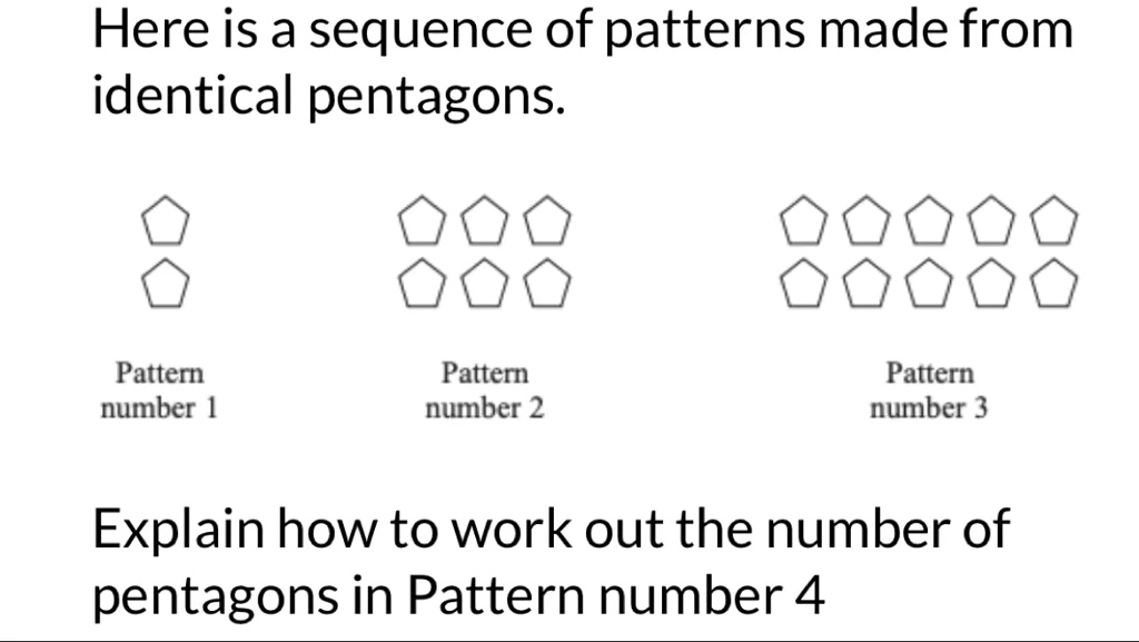 SOLVED: Here is a sequence of patterns made from identical pentagons: Pattern number Pattern ...
