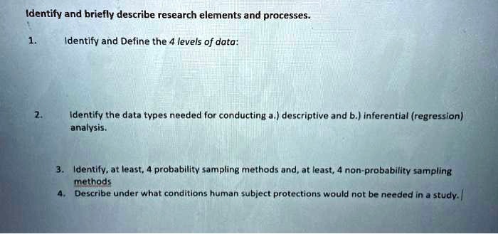 Identify and briefly describe research elements and processes. 1. Identify and Define the 4 ...