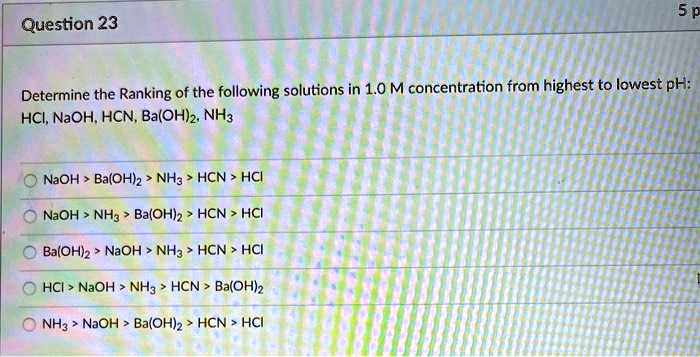SOLVED: Question 23 Determine the Ranking of the following solutions in ...