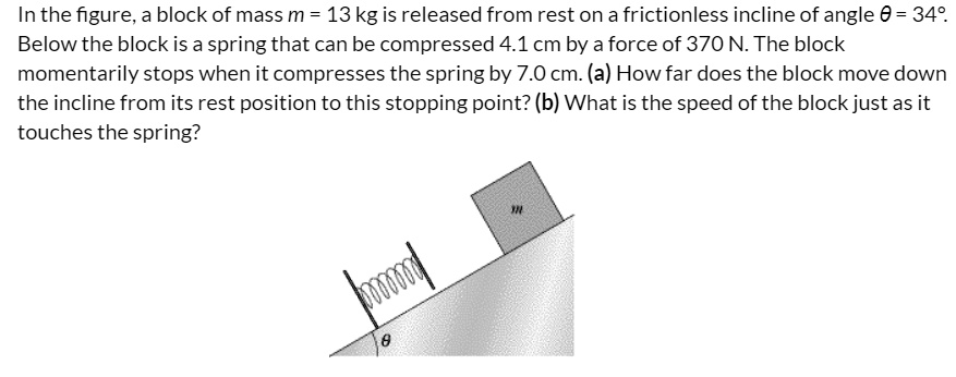 SOLVED: In the figure, a block of mass m = 13 kg is released from rest on a frictionless incline ...