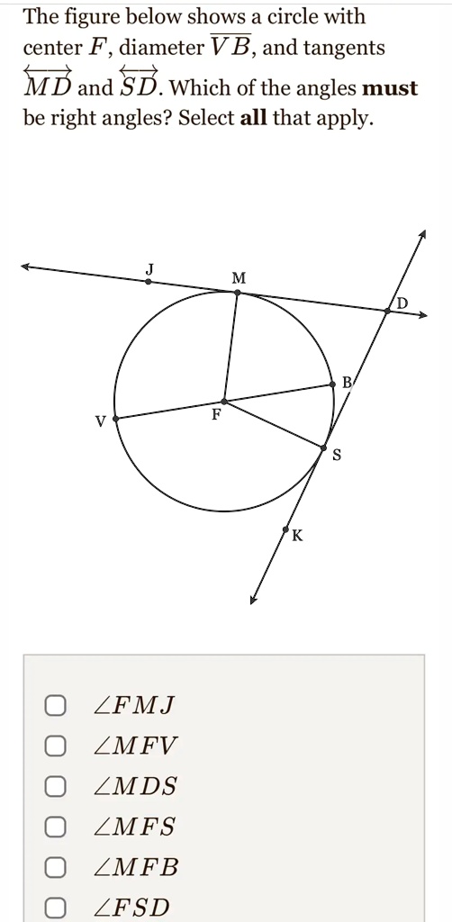 SOLVED: The figure below shows a circle with center F, diameter VB, and ...
