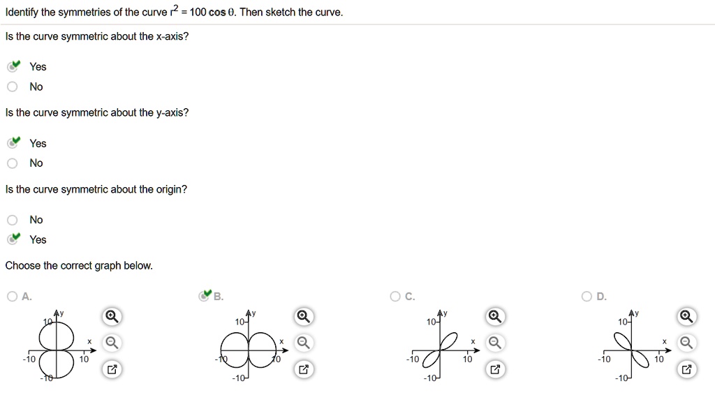 SOLVED: Identify the symmetries of the curve /2 = 100 cos 0. Then sketch the curve. Is the curve ...