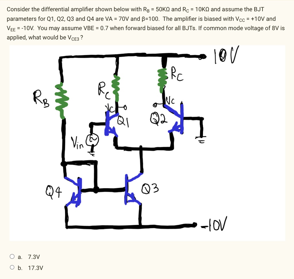 SOLVED: Consider the differential amplifier shown below with Rg=50KQ and Rc=10KQ and assume the ...