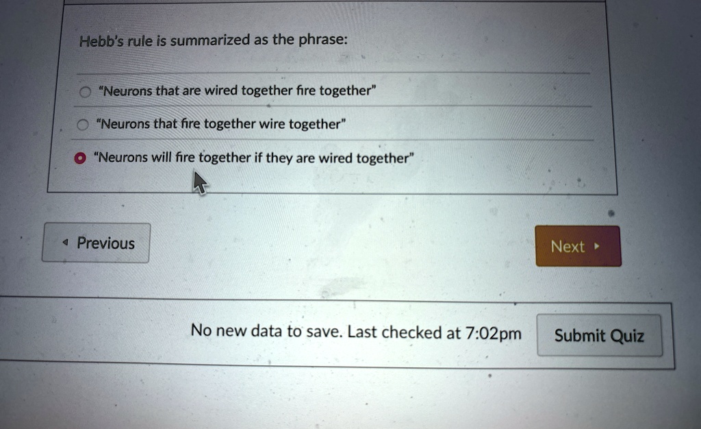 Hebb's rule is summarized as the phrase: "Neurons that are wired ...