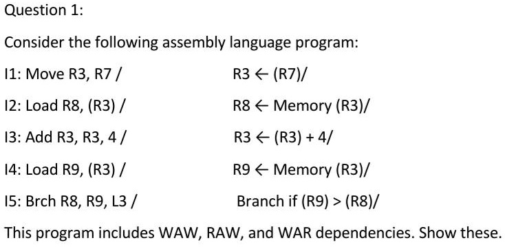 SOLVED: Consider the following assembly language program: I1: Move R3, R7 R3