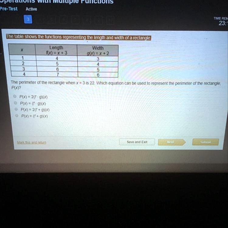 SOLVED: 'The table shows the functions representing the length and width of a rectangle 3pc0 9is ...