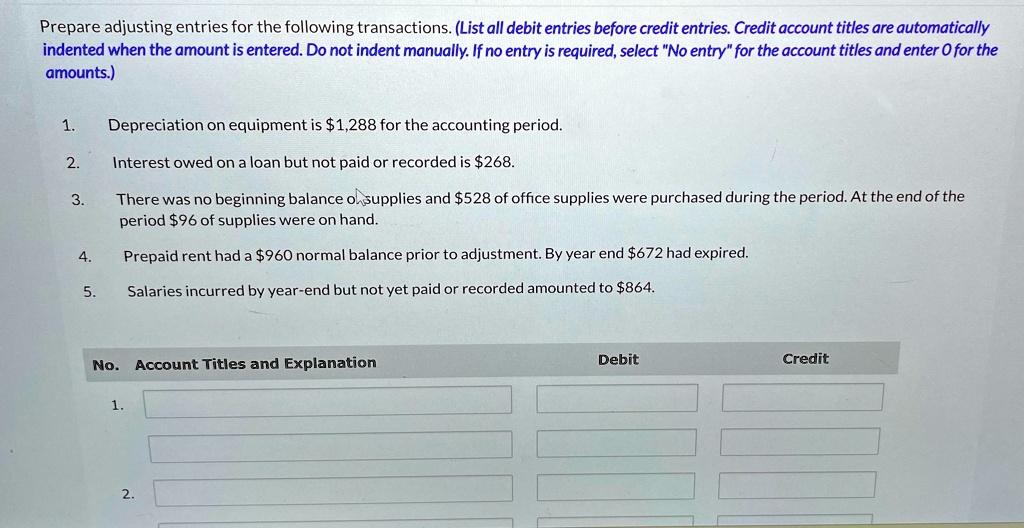 SOLVED: Prepare adjusting entries for the following transactions. (List ...