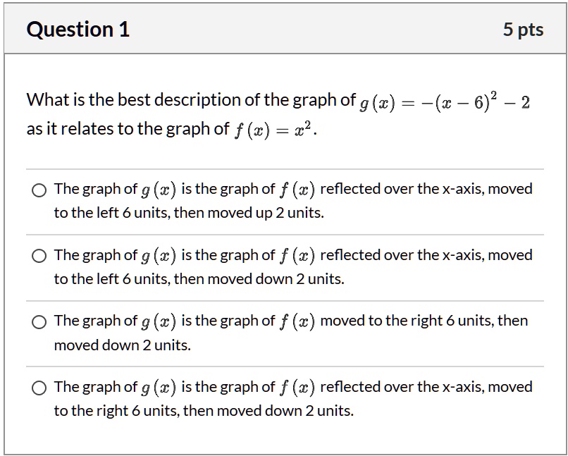 SOLVED: Question 1 5 pts What is the best description of the graph of g (x) = (r 6)2 2 asit ...