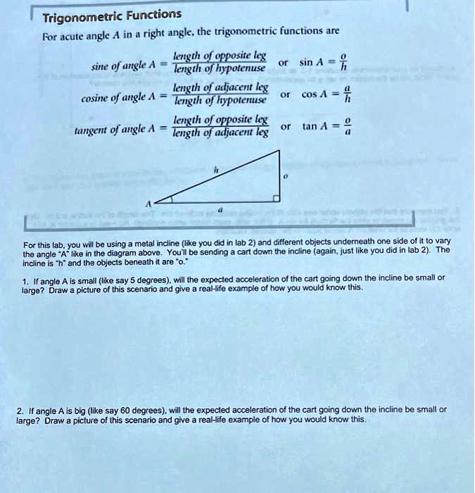 Trigonometric Functions For acute angle A in a right angle, the ...
