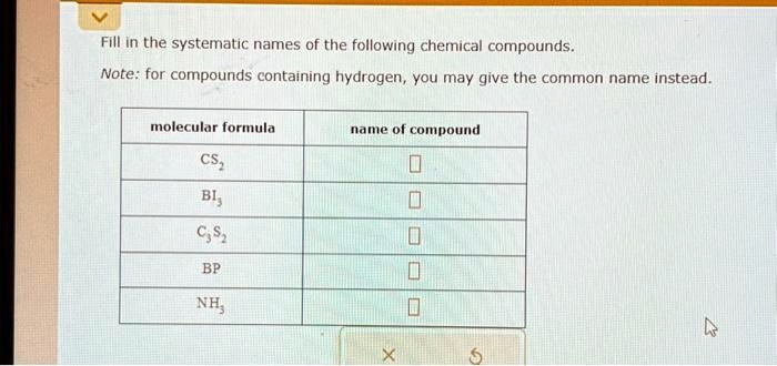 Fill in the systematic names of the following chemical compounds. Note: for compounds containing ...