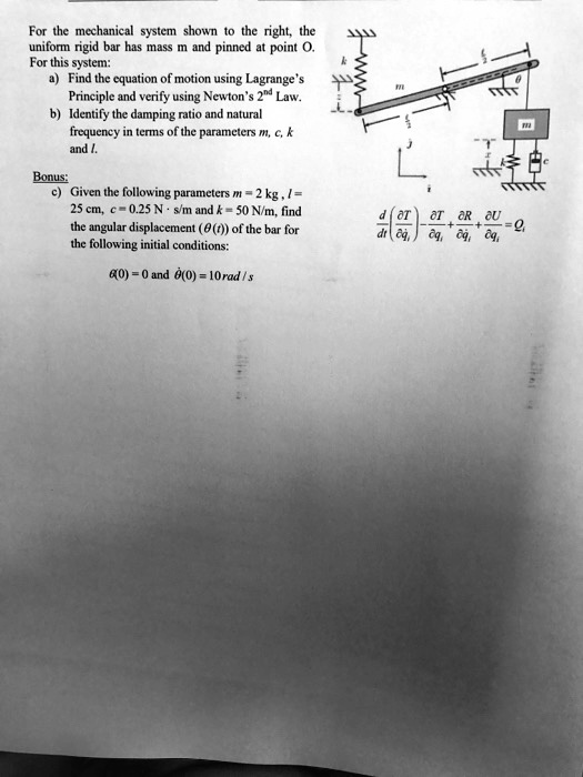 SOLVED: For the mechanical system shown to the right, the uniform rigid bar has mass m and is ...