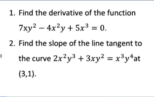 SOLVED: Find the derivative using implicit differentiation. Thank you! 1. Find the derivative of ...