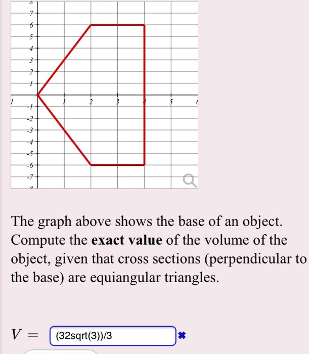SOLVED: The graph above shows the base of an object. Compute the exact value of the volume of ...