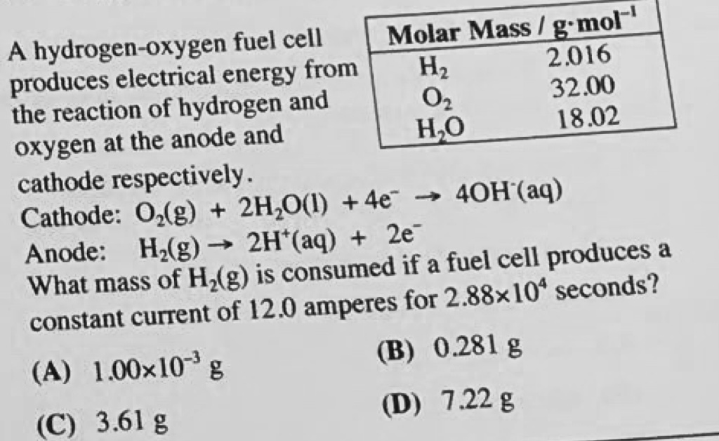 A hydrogen-oxygen fuel cell produces electrical energy from the ...