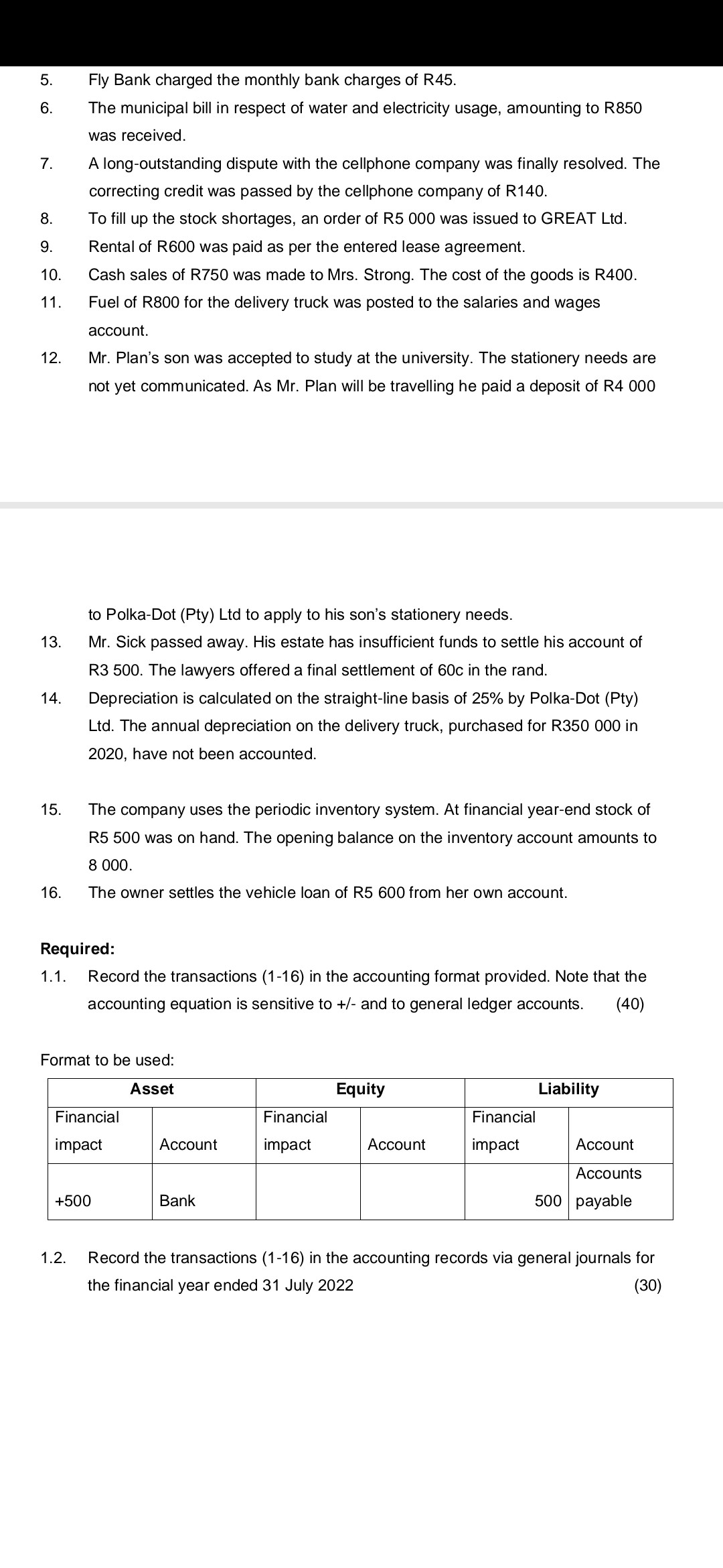 5. Fly Bank charged the monthly bank charges of R45. 6. The municipal ...