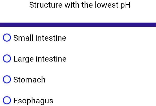 Structure with the lowest pH ? Small intestine ? Large intestine ...
