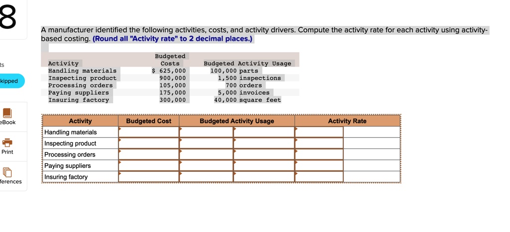 8 Activity Budgeted Costs Handling Materials 625 000 Inspecting Product 900 000 A Manufacturer