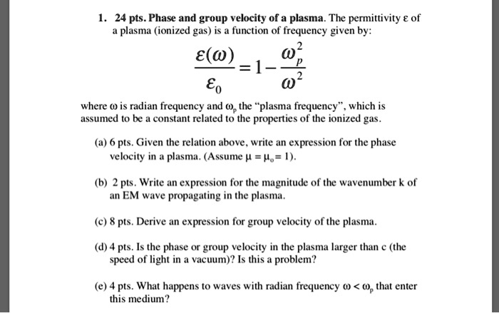 SOLVED: Phase and group velocity of a plasma. The permittivity Îµ of a ...