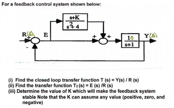 SOLVED: For a feedback control system shown below: s + K 34 R E 10 s ...